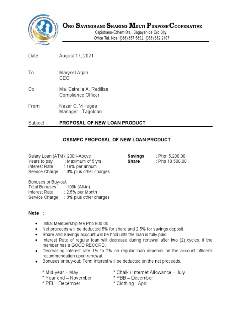New Loan Product Proposal for OSSMPC | PDF | Fee | Interest