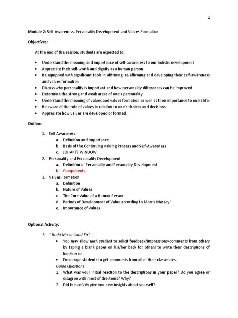Module 2 - Self-Awareness and Values Formation | PDF | Value (Ethics ...
