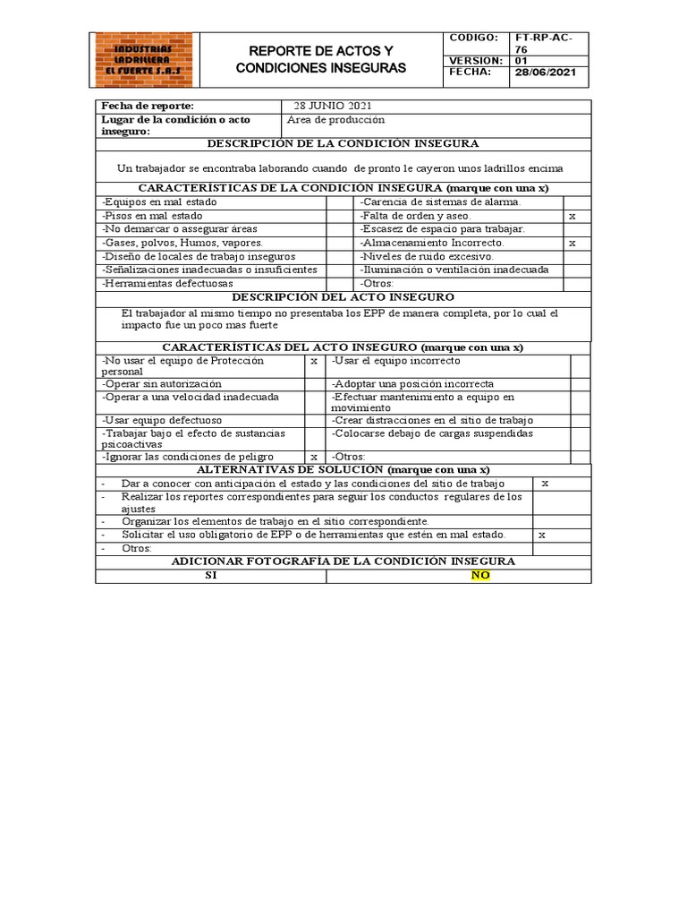 Formato Reporte de Actos y Condiciones Inseguras | PDF
