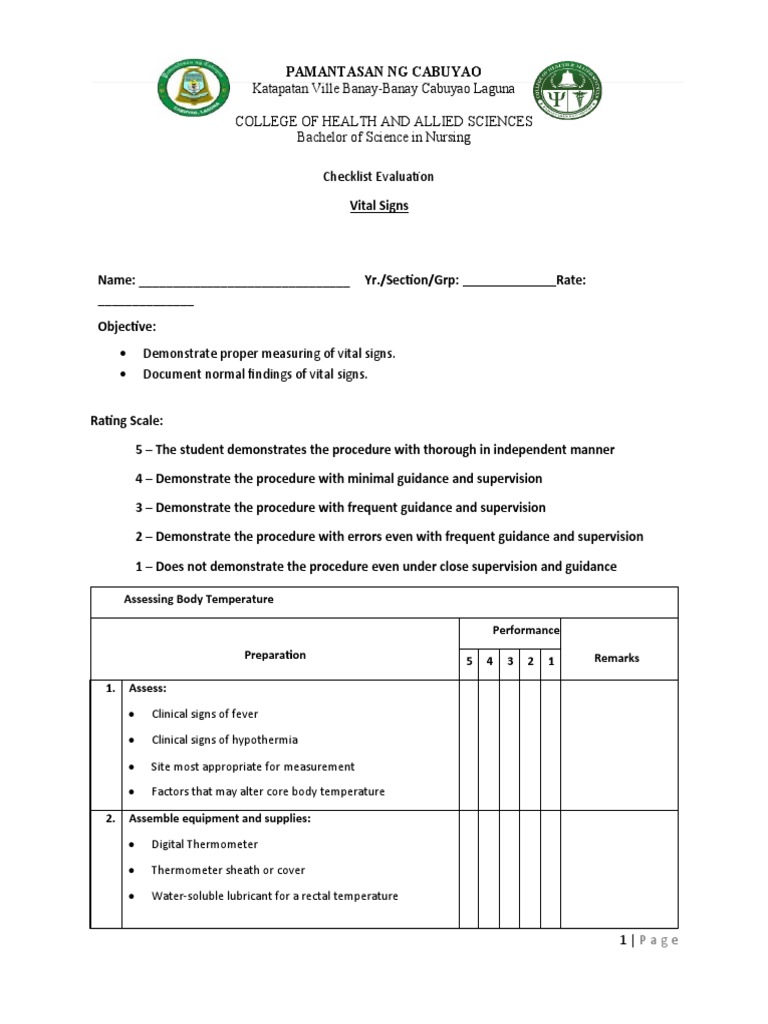 Vital Signs Checklist | Download Free PDF | Blood Pressure | Pulse