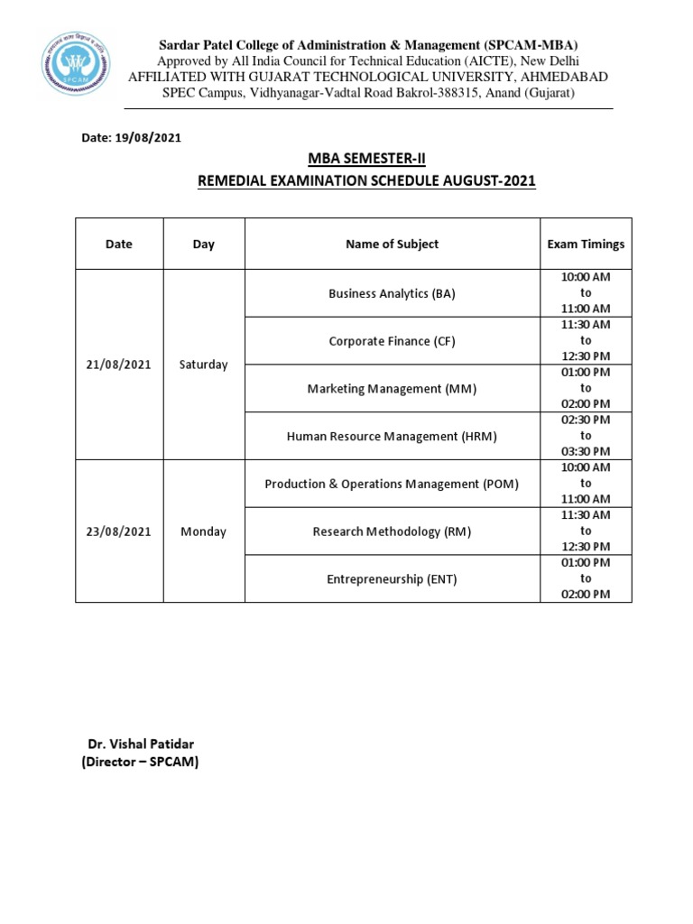 MBA-II Remedial Exam Time Table | PDF