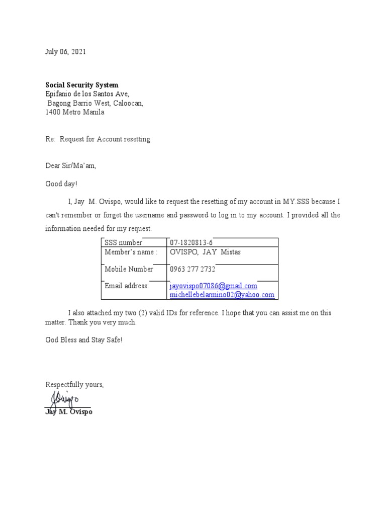 SSS Account Reset Request Letter | PDF