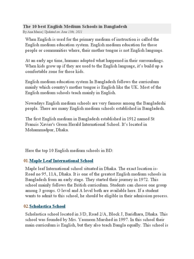 The 10 Best English Medium Schools in Bangladesh | PDF | Dhaka | World ...