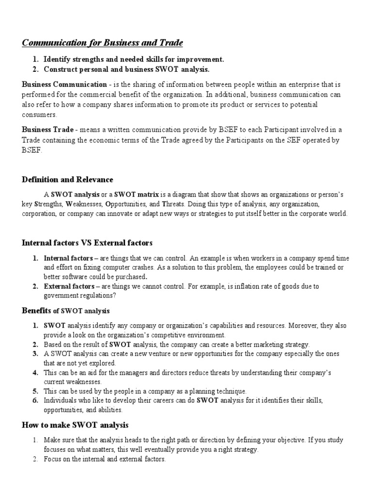 SWOT Analysis for Business Communication and Trade | PDF | Swot ...
