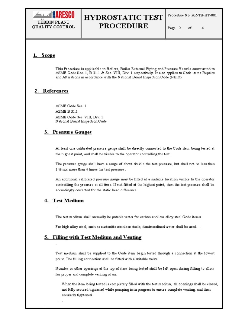 Hydrostatic Test Procedure: 1. Scope | PDF | Boiler | Building Materials