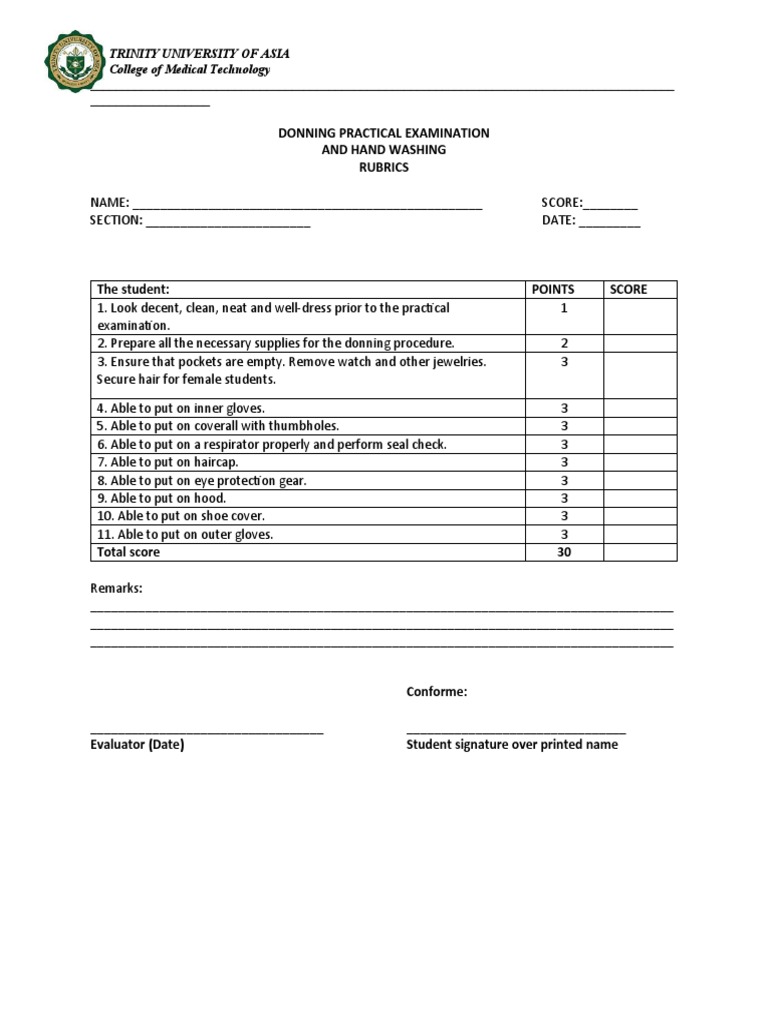 DONNING AND DOFFING PRACTICAL EXAM RUBRICS - Edited | PDF | Glove ...