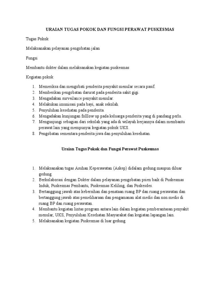 Uraian Tugas Pokok Dan Fungsi Perawat Puskesmas | PDF