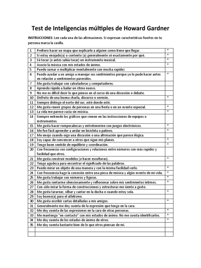 Test de Inteligencias Múltiples de Howard Gardner | PDF