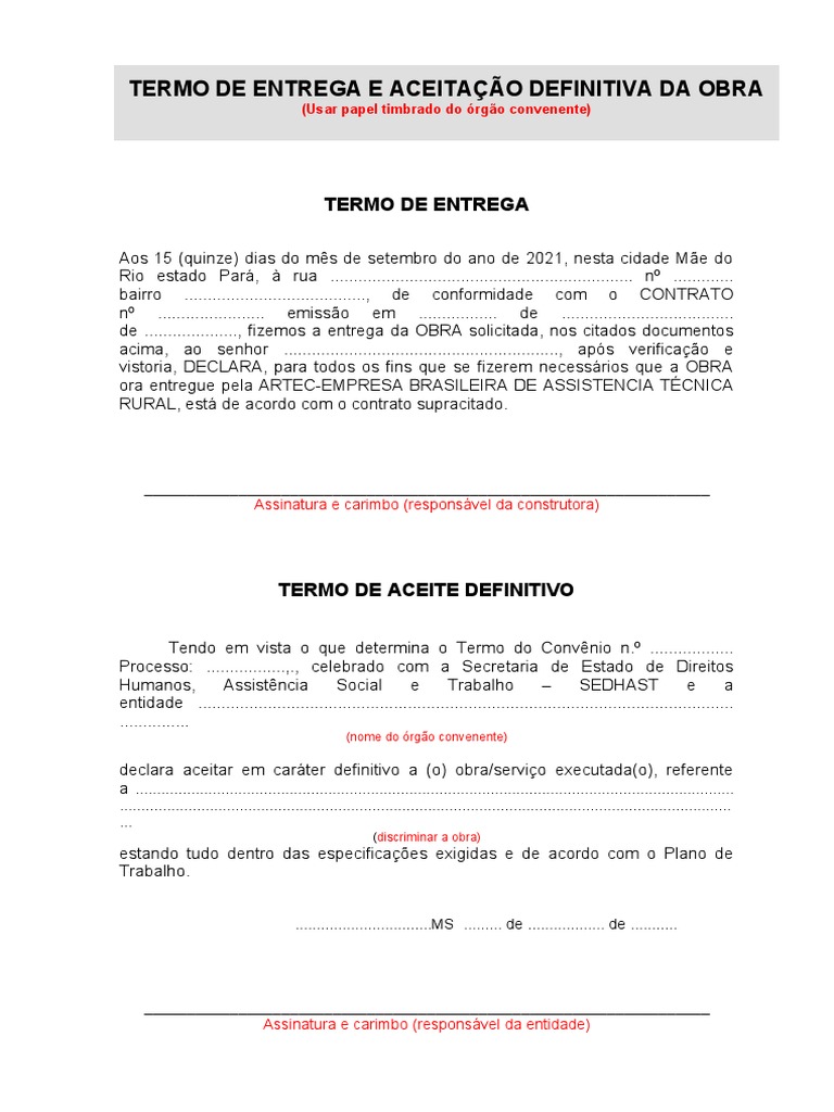 Termo de Entrega de Obra | PDF