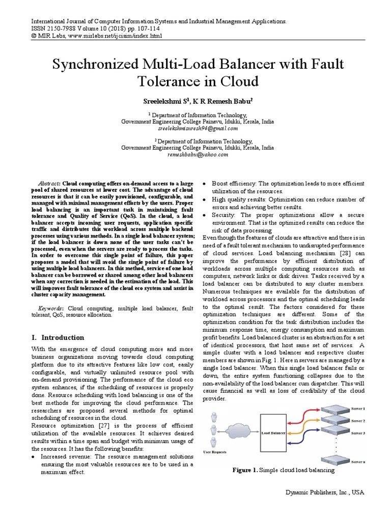 Synchronized Multi-Load Balancer With Fault Tolerance in Cloud | PDF | Load Balancing (Computing ...