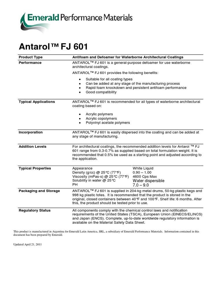 Antarol FJ 601 - Technical Data Sheet | PDF | Plastic | Polymer Chemistry