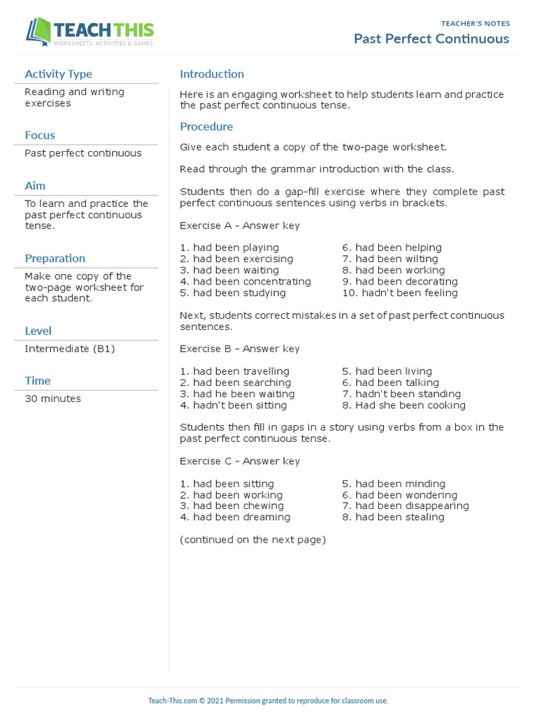Past Perfect Continuous Worksheet | PDF | Grammar | Linguistics