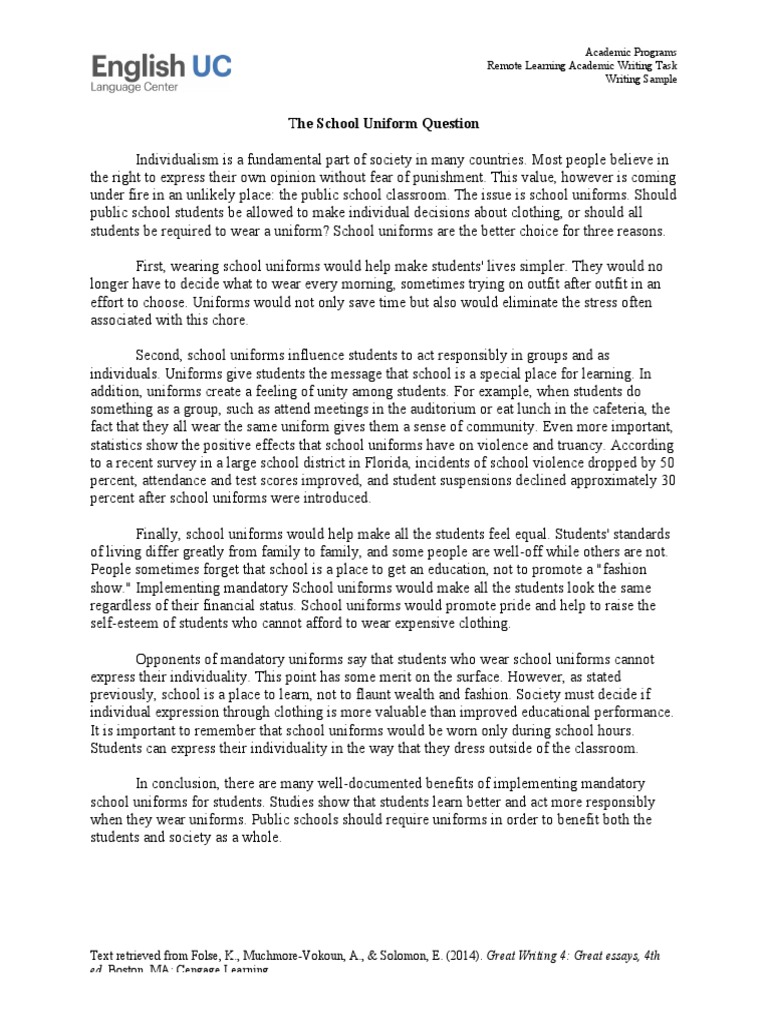 FOR STUDENTS - Writing Sample - The School Uniform Question | PDF ...