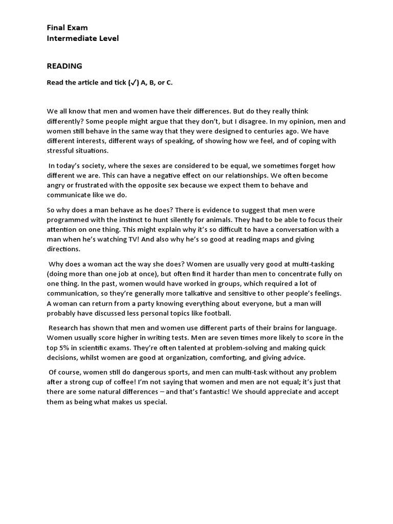 Intermediate Reading Test | PDF | Cognition | Psychological Concepts