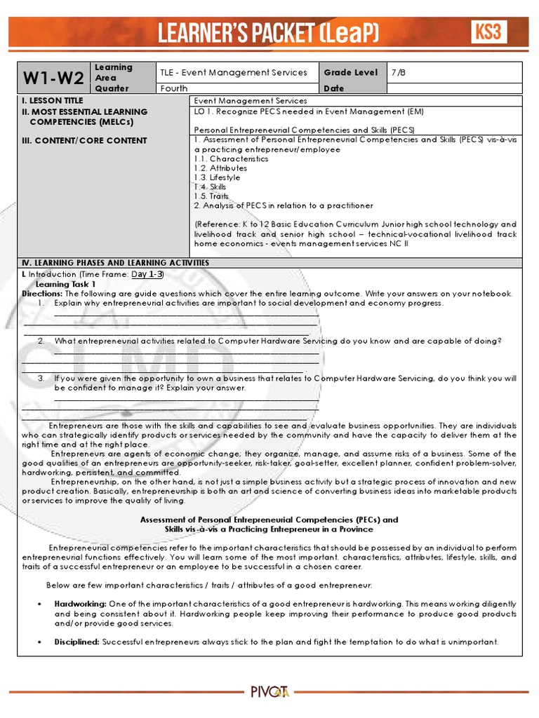 TLE - Event Management Services 7/8 Fourth | PDF | Entrepreneurship ...