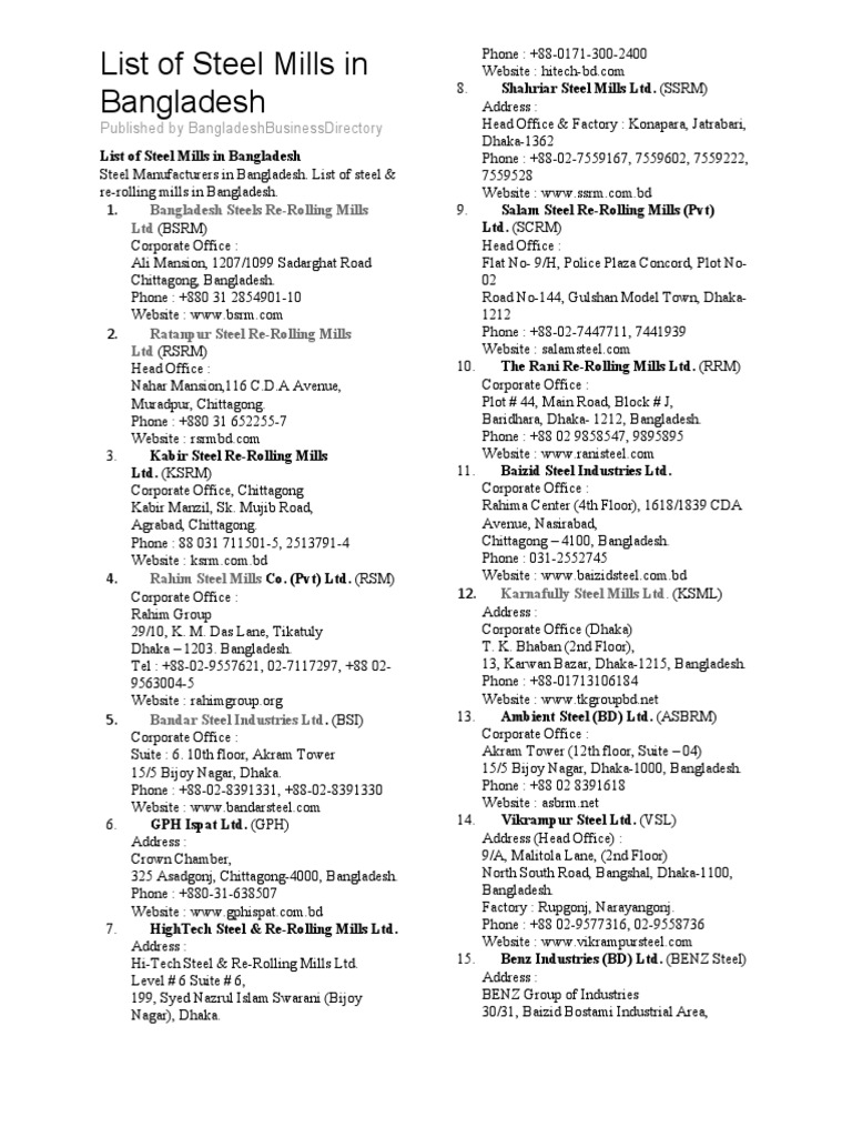 List of Steel Mills in Bangladesh | PDF | Bangladesh | Economic Sectors