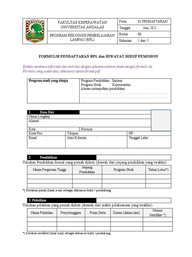 Form Pendaftaran RPL-A2 Prodi S1 Keperawatan Unand | PDF
