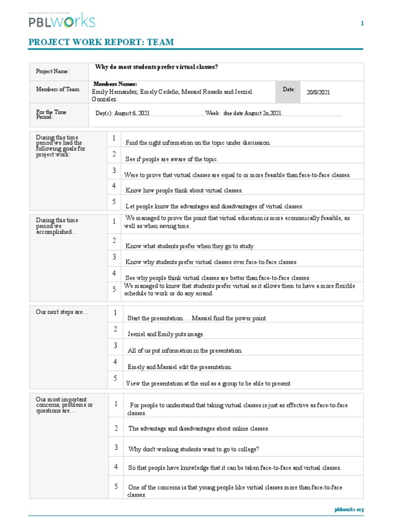 PBLworks Project Work Report Team | PDF | Communication | Cognition