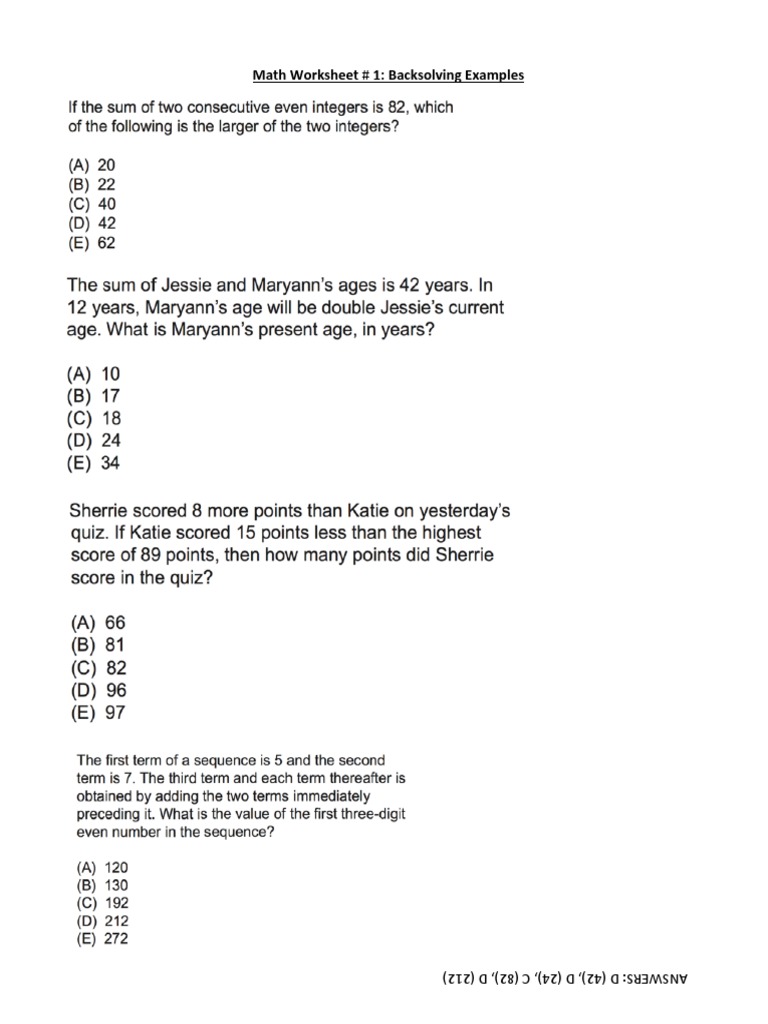 Backsolving Math Worksheet | PDF