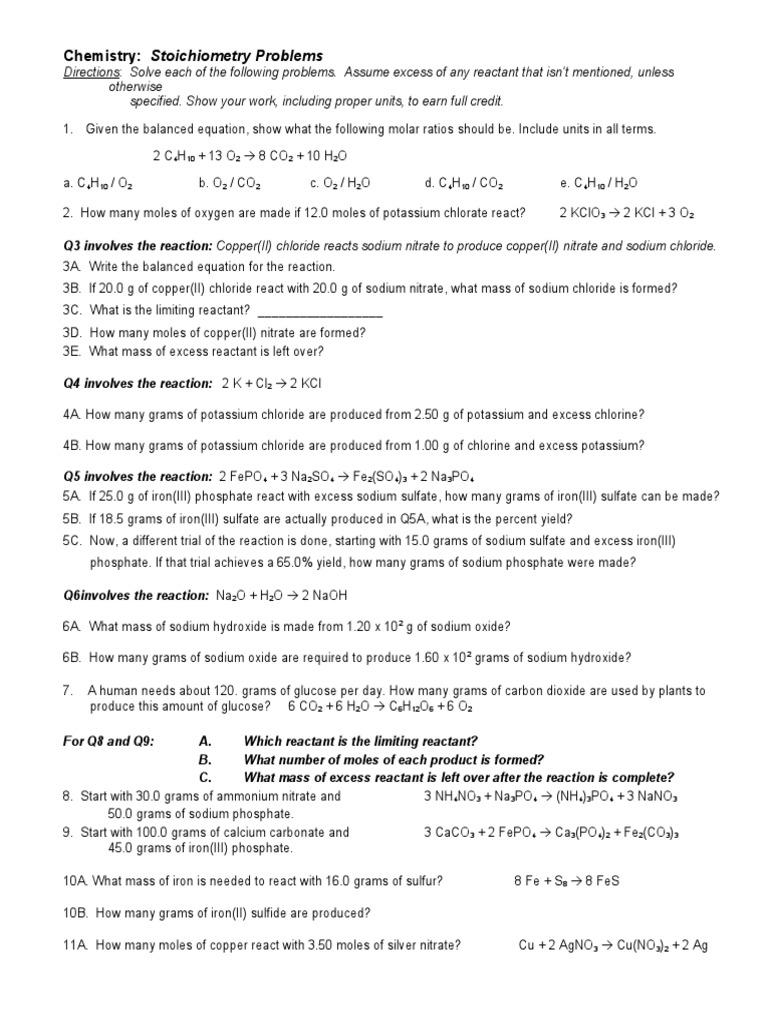 Stoichiometry Practice Problems Worksheet | PDF | Stoichiometry | Chemistry