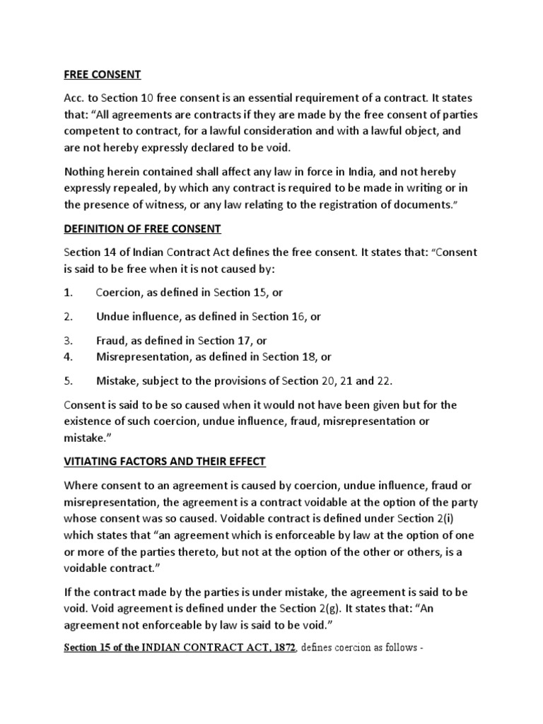 Free Consent: Section 15 of The INDIAN CONTRACT ACT, 1872, Defines ...