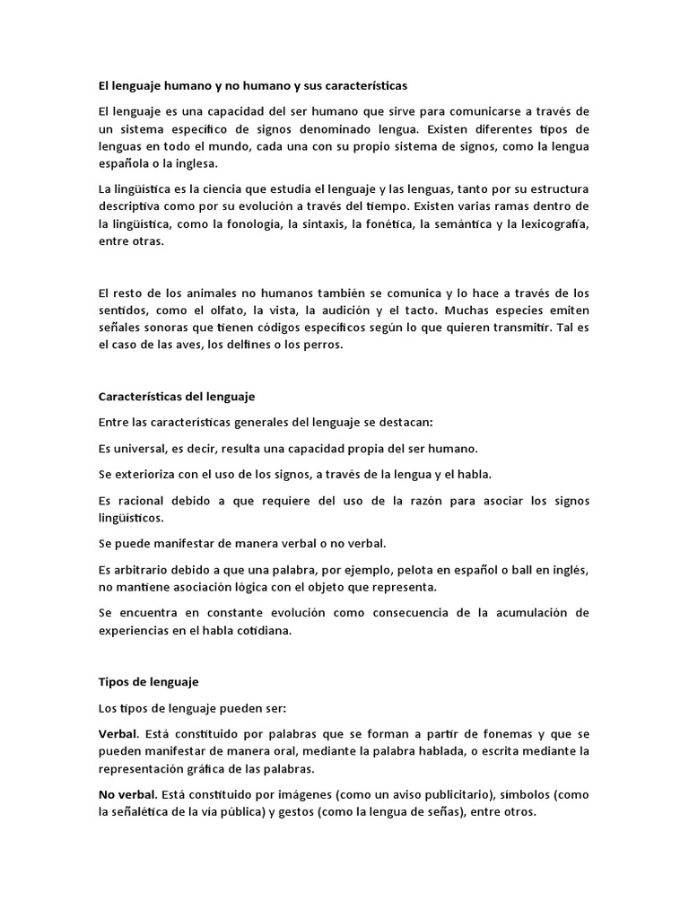 El Lenguaje Humano y No Humano y Sus Características | PDF ...