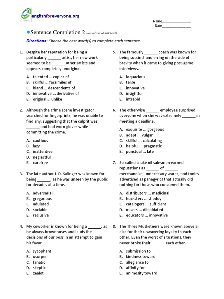 Low Advanced Sentence Completion 2 | PDF
