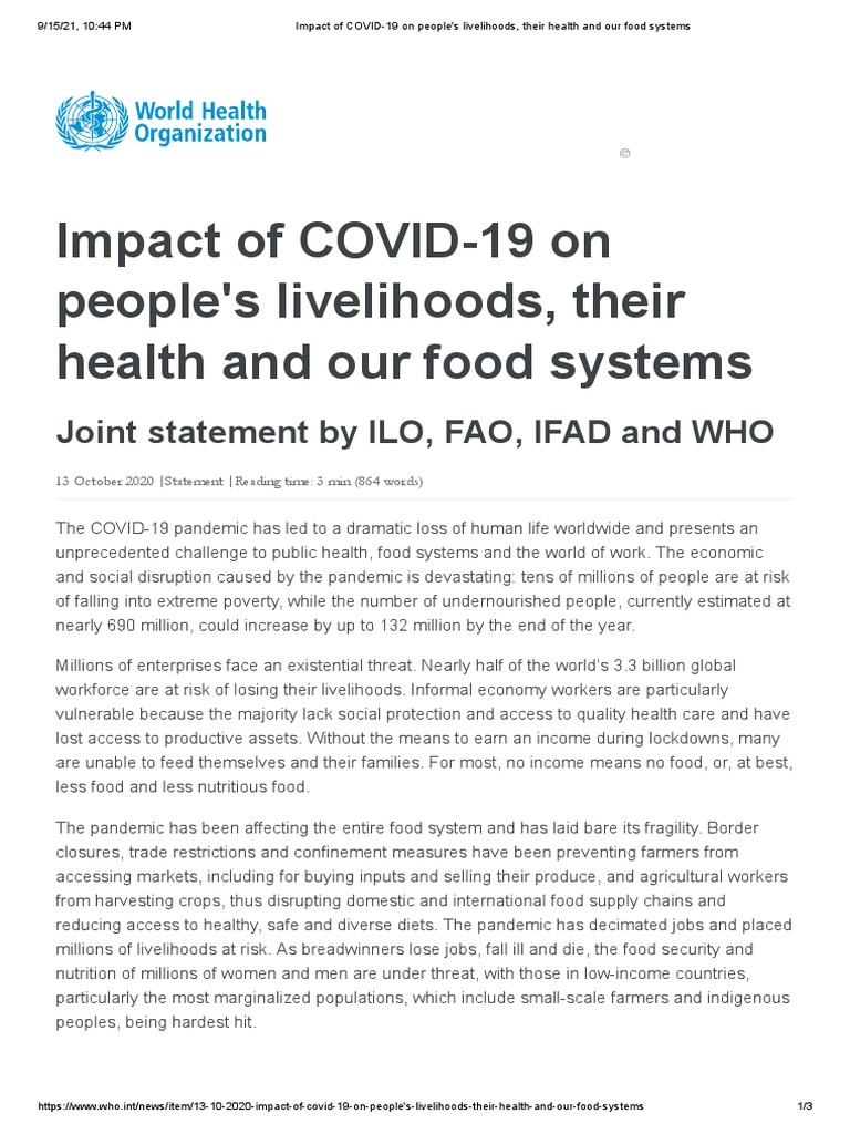 COVID-19's Impact on Livelihoods and Food Security | PDF | Food ...