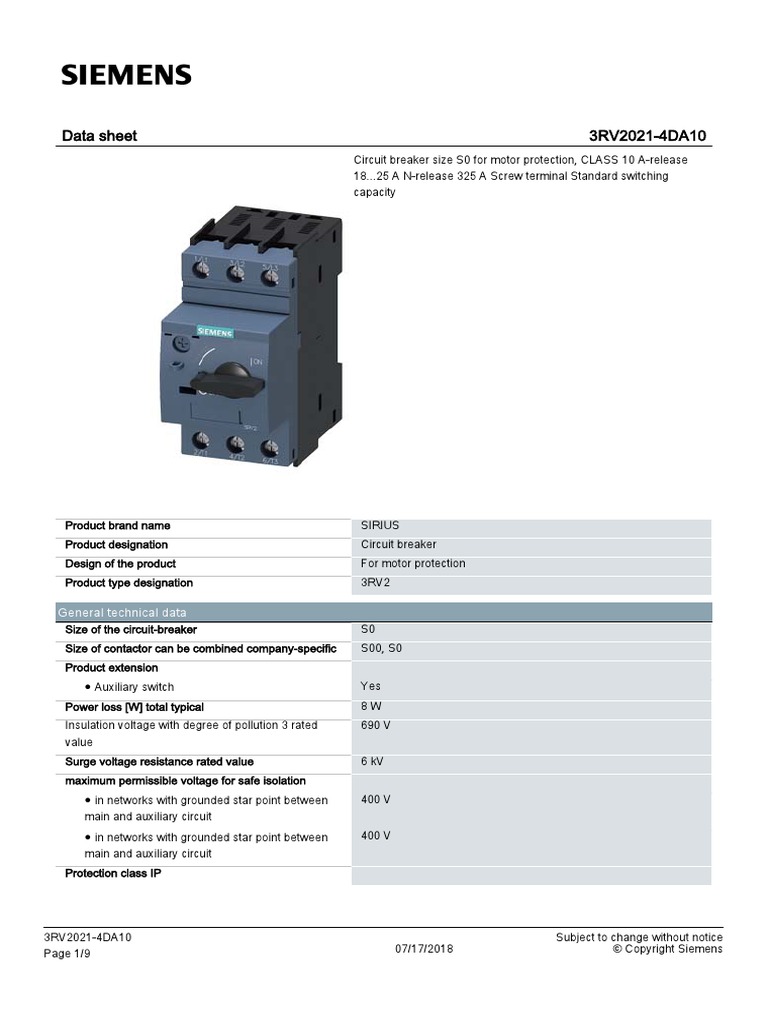 Siemens MPCB 3RV20214DA10 Datasheet | PDF | Alternating Current | Electric Motor