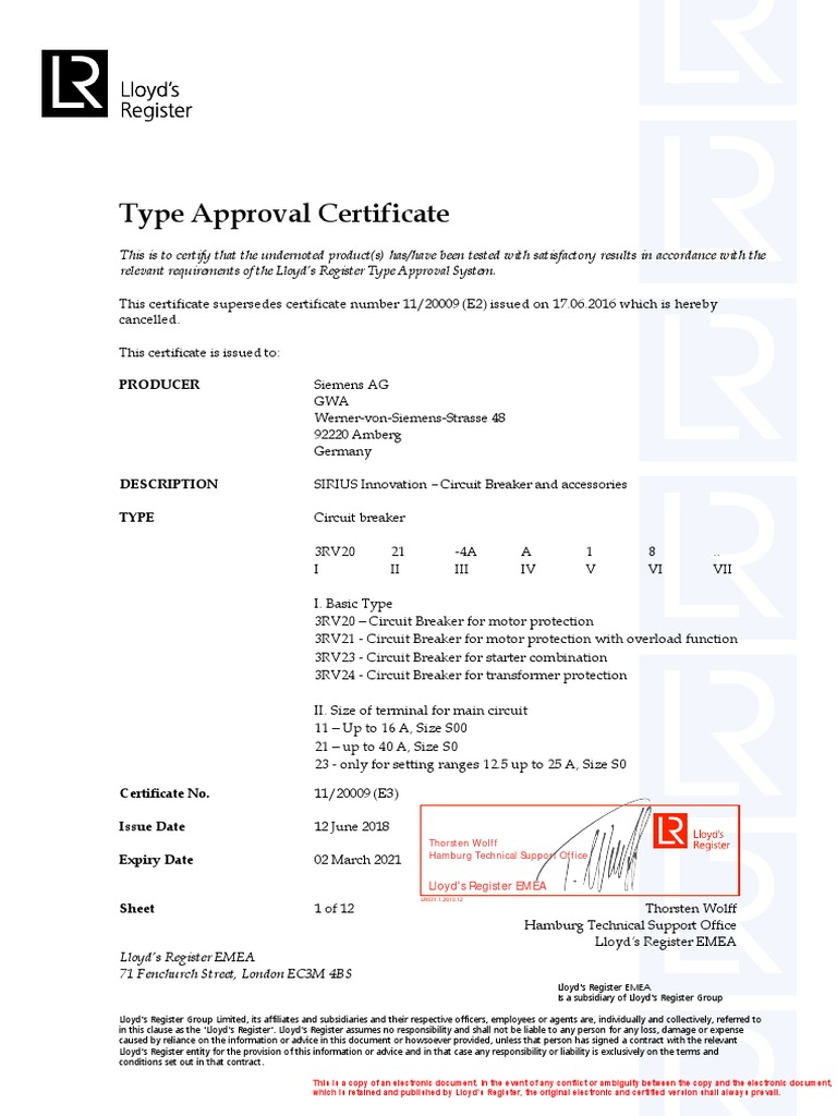 Siemens MPCB Certificate | PDF | Legal Liability | Electrical Engineering