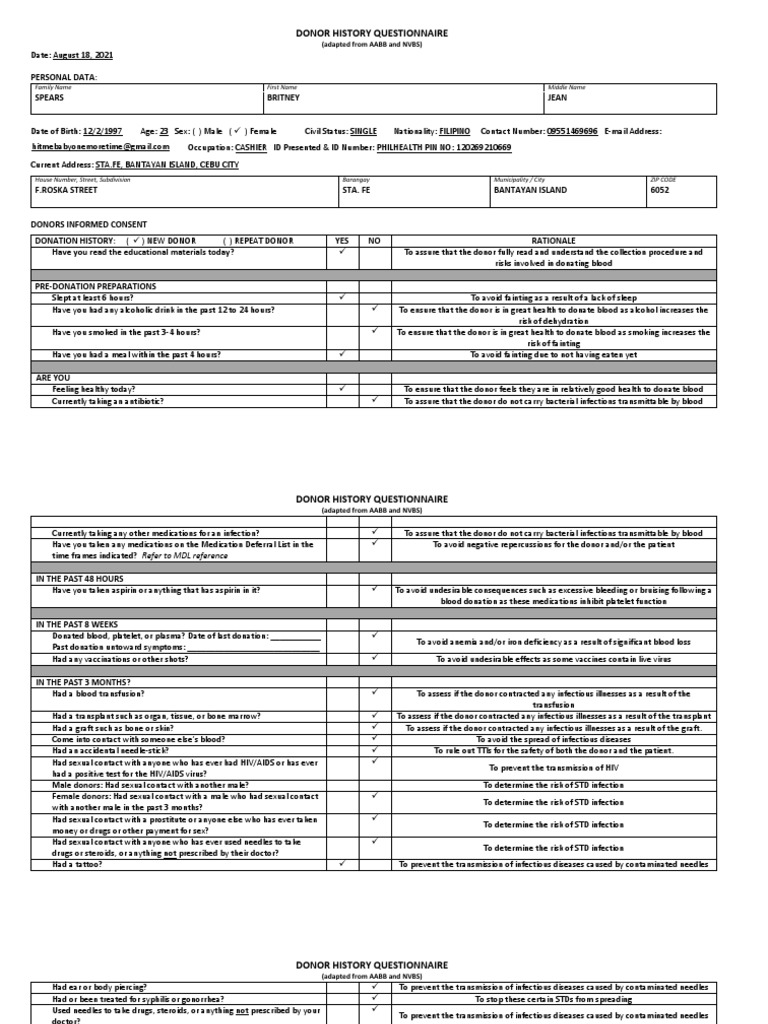 Donor History Questionnaire: (Adapted From AABB and NVBS) | PDF ...