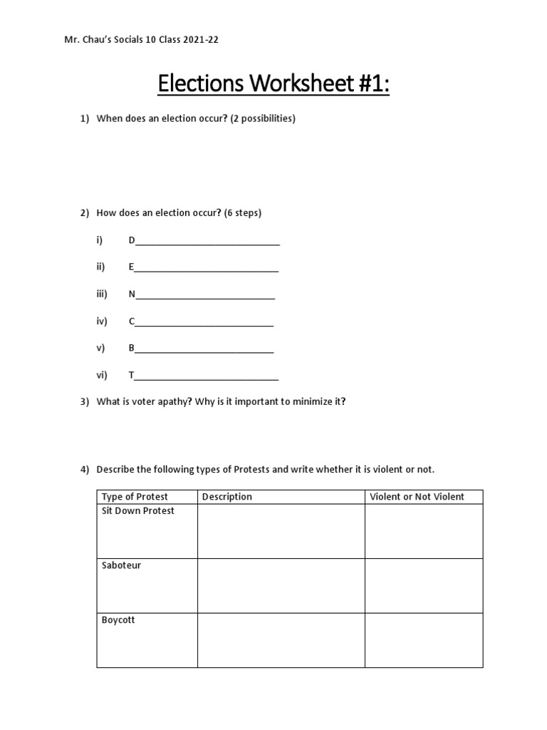 Elections Worksheet 1 | PDF
