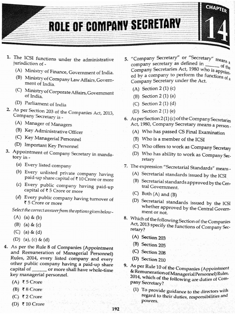 Role of CS Practice MCQ - Saurabh Sir | PDF