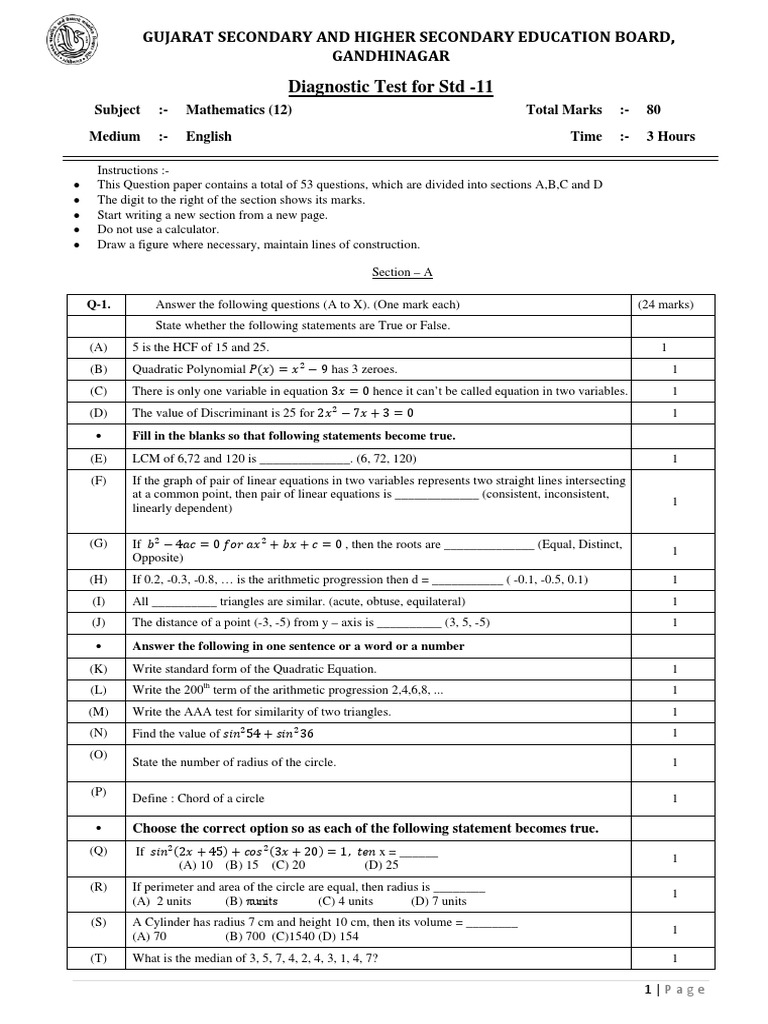 Diagnostic Test For STD - 11: Gujarat Secondary and Higher Secondary ...