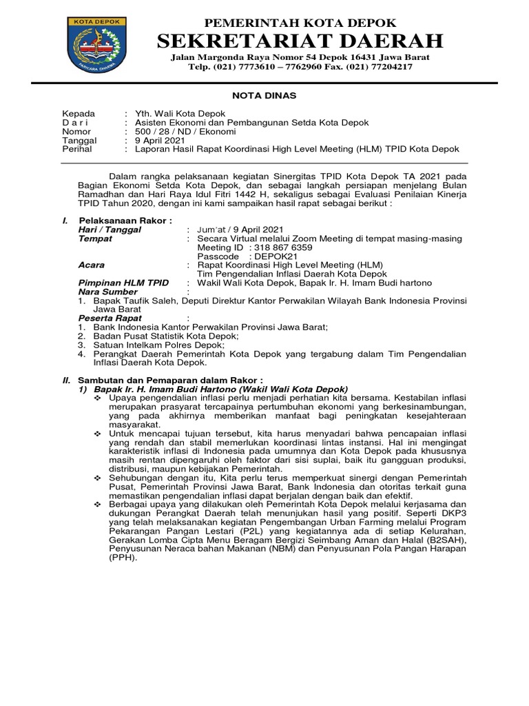 Risalah Rapat Koordinasi HLM TPID Kota Depok 09042021 | PDF