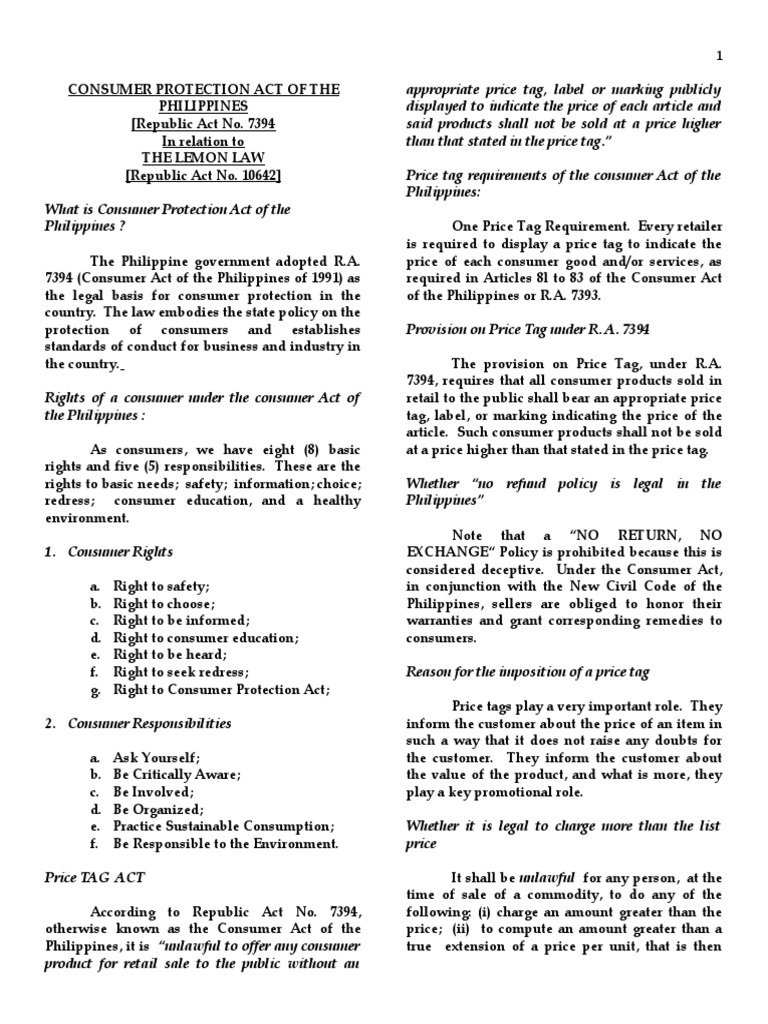 CONSUMER PROTECTION ACT OF THE PHILIPPINES in Relation To LEMON LAW ...