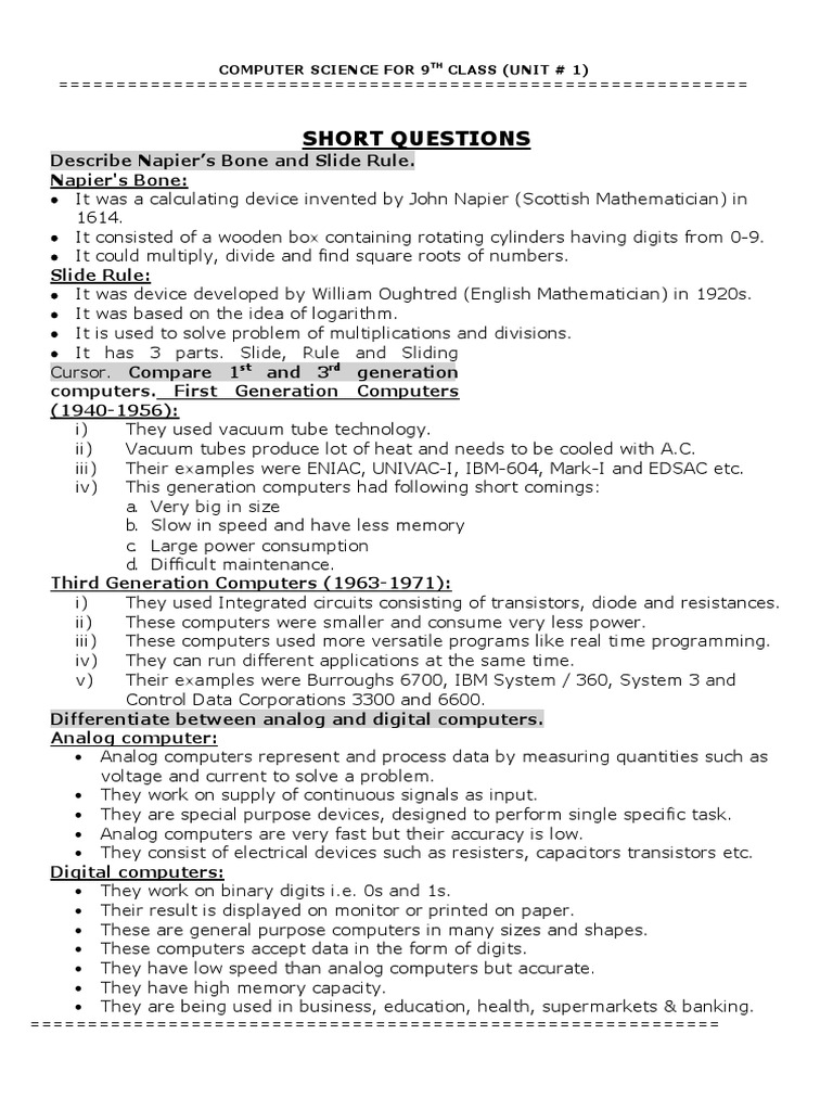 Short Questions: Computer Science For 9 Class (Unit # 1) | PDF ...