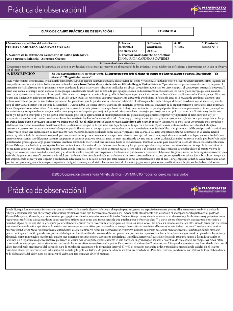 Diario de Campo y Formato de Observación Práctica de Observación Ii ...