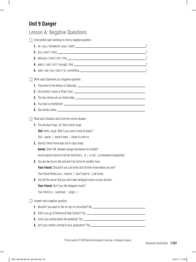 Lesson A: Negative Questions: Unit 9 Danger | PDF