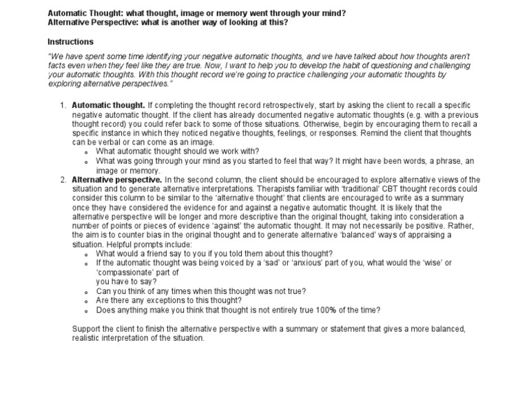 Automatic Thought Record | Download Free PDF | Thought | Cognitive ...