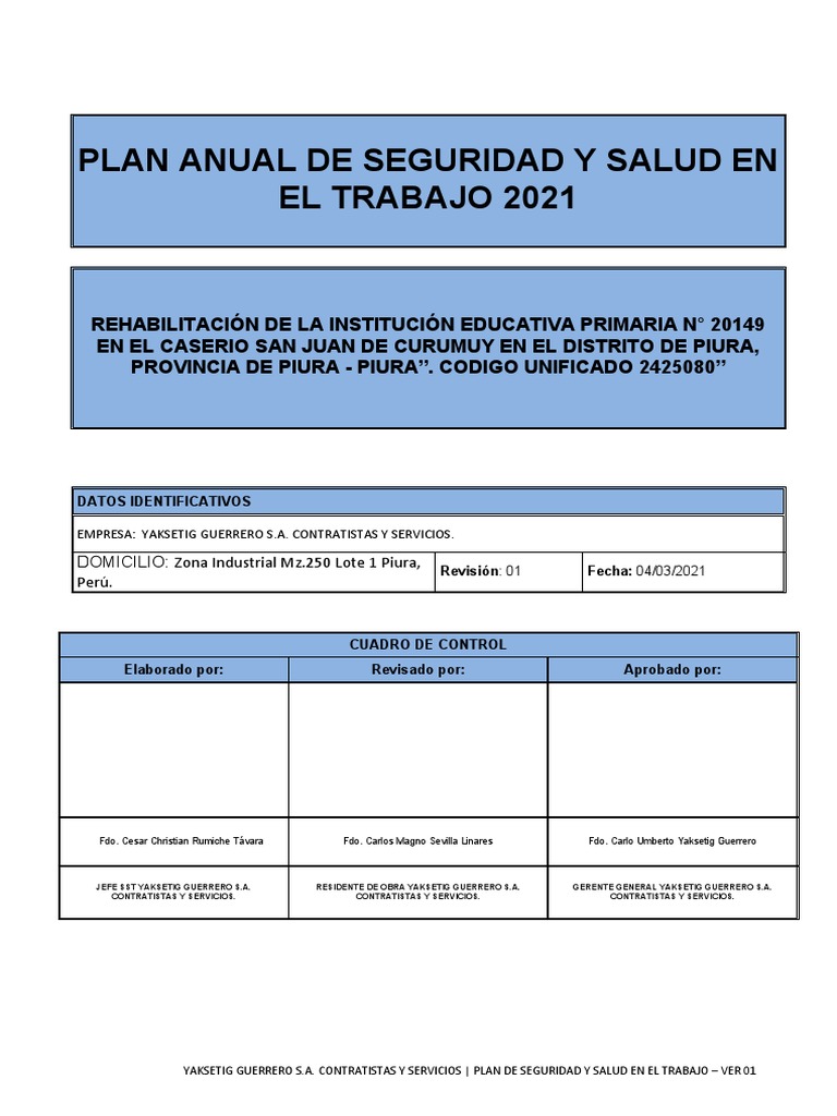 Plan Anual de Seguridad y Salud en El Trabajo 2021 | PDF | Seguridad y salud ocupacional | Valores