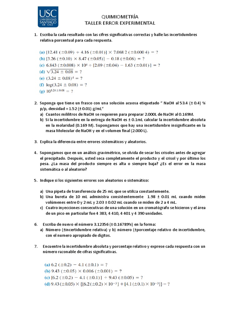 Taller Evaluación Del Error Experimental | PDF | Concentración | Análisis