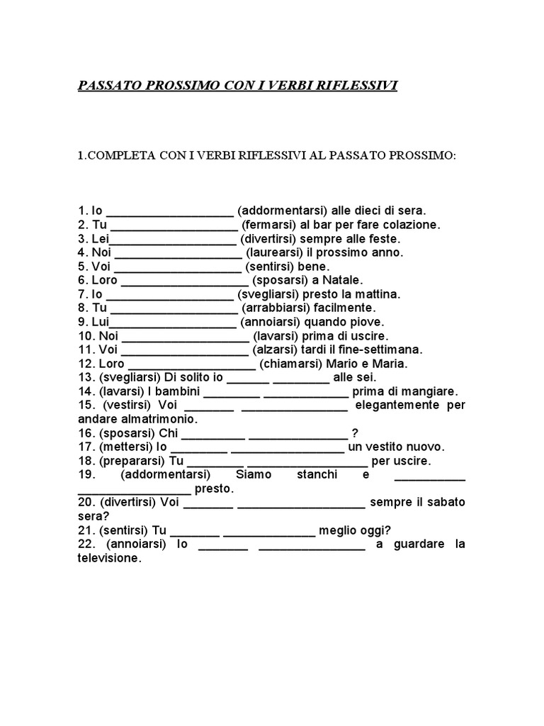Passato Prossimo Con I Verbi Riflessivi | PDF