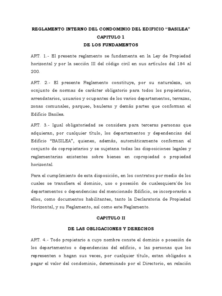 Reglamentos Del Condominio Del Edificio Basilea | PDF | Condominio | Propiedad