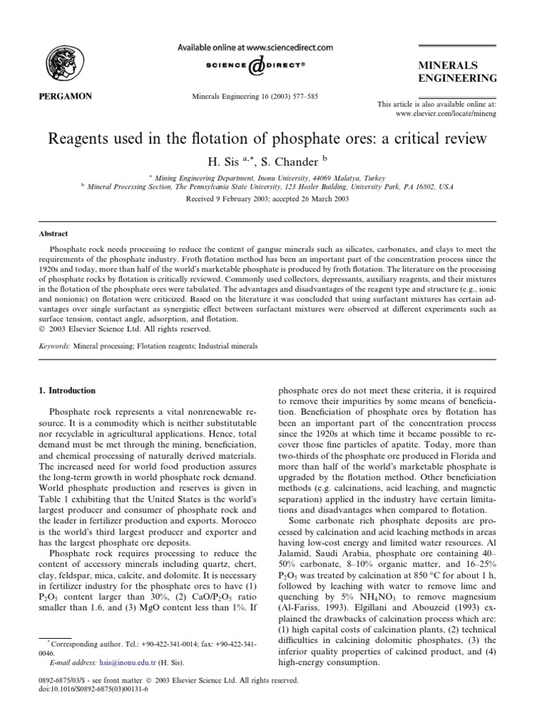 Flotation Reagents for Phosphate Ores Review | PDF | Surfactant | Minerals