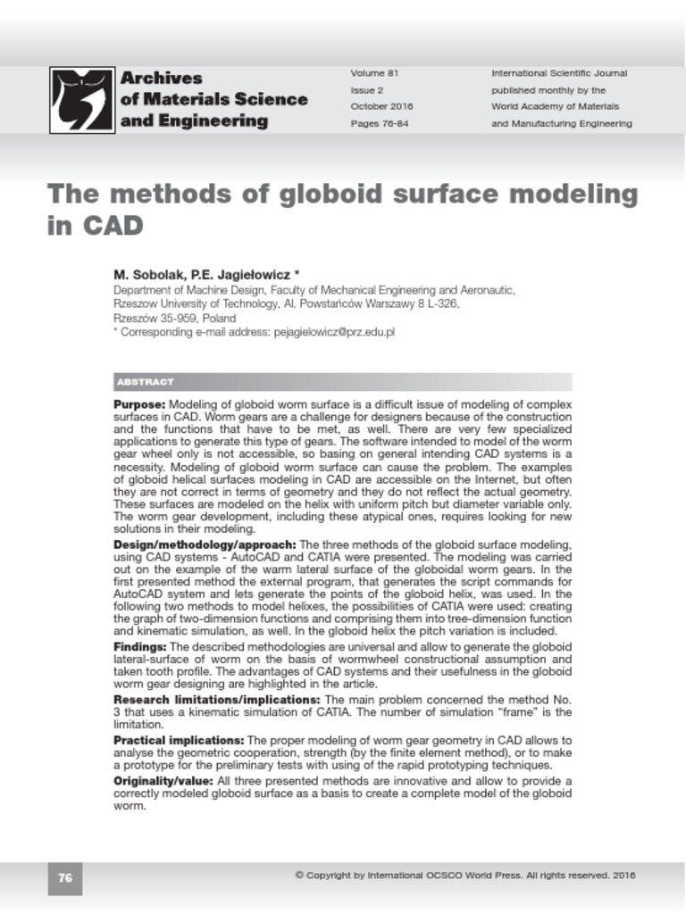 The Methods of Globoid Surface Modeling in CAD: M. Sobolak, P.E ...