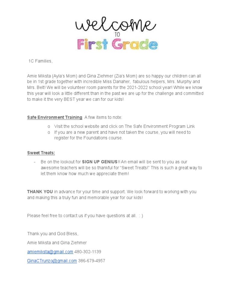 1C Room Parents Welcome Letter | PDF