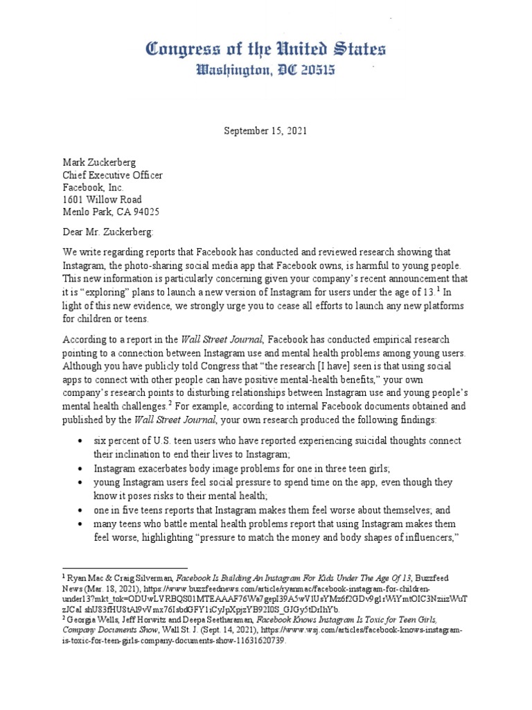 Congressional Letter To Mark Zuckerberg | PDF | Facebook | Popular ...