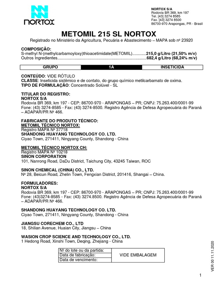 Metomil 215 SL Nortox Bula VER 00 11.11.2020 | PDF | Inseticida ...