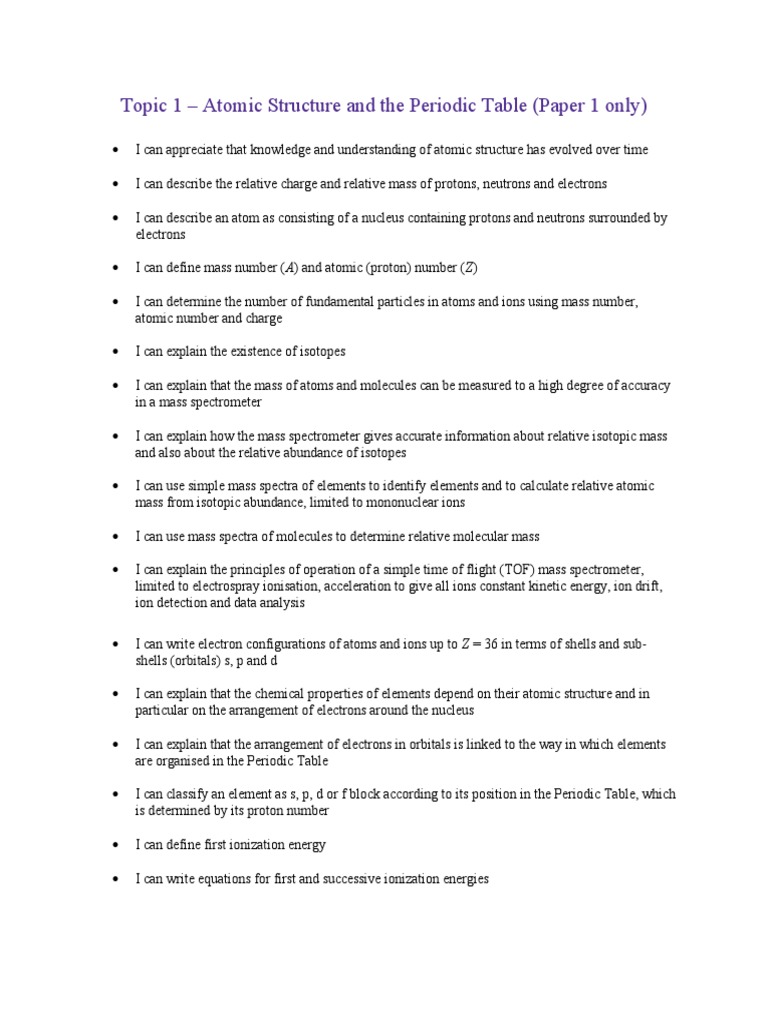 Topic 1 - Atomic Structure and The Periodic Table (Paper 1 Only) | PDF
